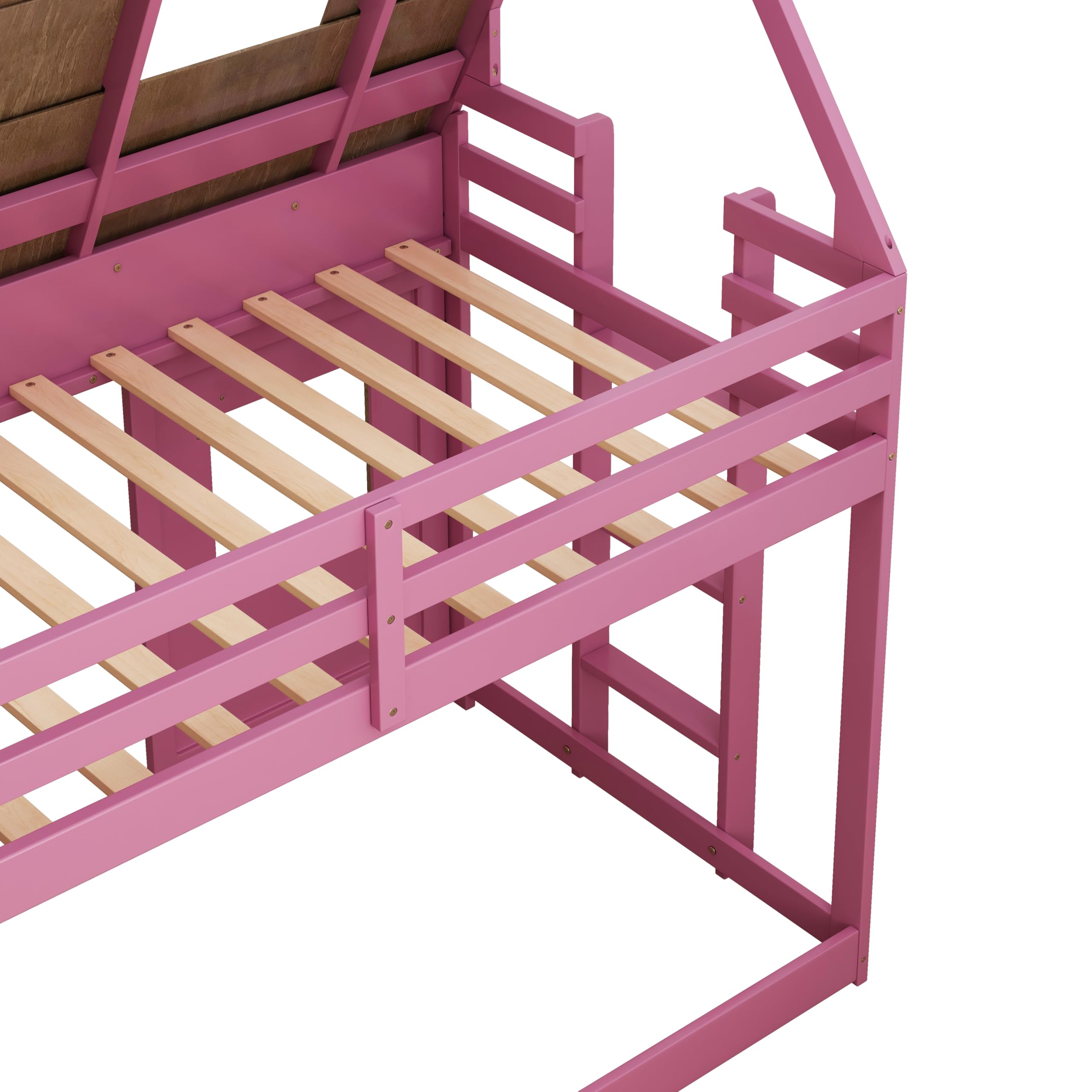 SOFTSEA Pink House Bunk Bed with Roof Low Bunk Bed with Slide for Girls, Twin Over Twin