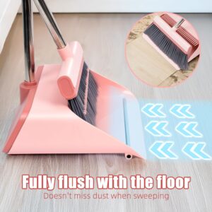 Broom and Dustpan Set with Dustpan Teeth SelfCleaning, Upright Stand Duspan and Brush with 53'' Long Adjustable Handle for Indoor&Outdoor Sweeping Home Office Floor Cleaning Broom with Dust pan-Pink