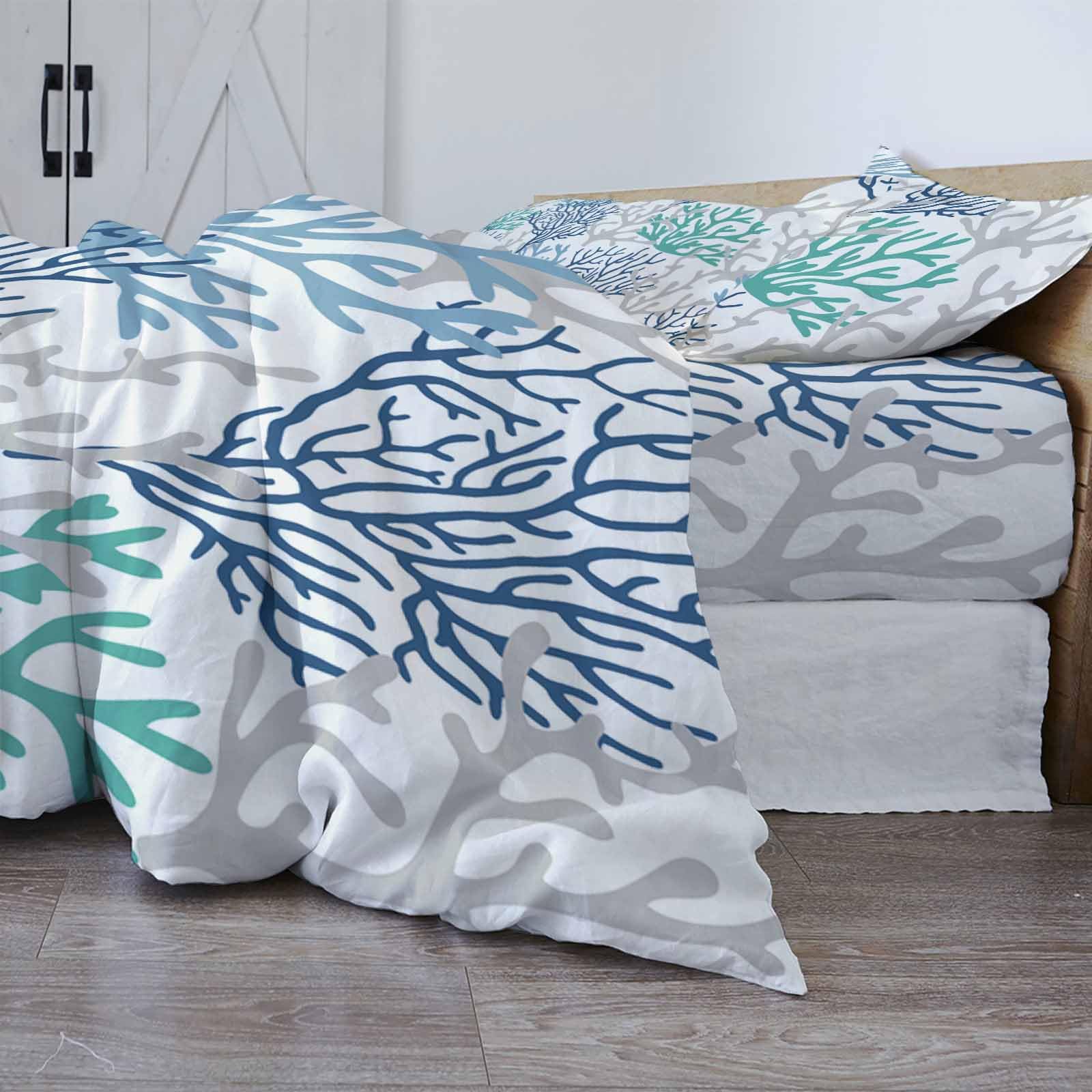 DecorLovee California King Duvet Cover Set - Blue Teal Grey Coral Coastal 4 Pcs Comforter Cover Bedding Sets, Summer Beach Nautical Ocean Microfiber Bed Sheet Soft Quilt Cover with 2 Pillow Shams