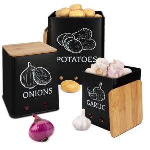 moondust wj 3 pack vegetable storage tins，potatoes storage，metal onion and potato storage bins，kitchen potato and onion storage bin，onion storage containers with aerating holes and wooden lid.