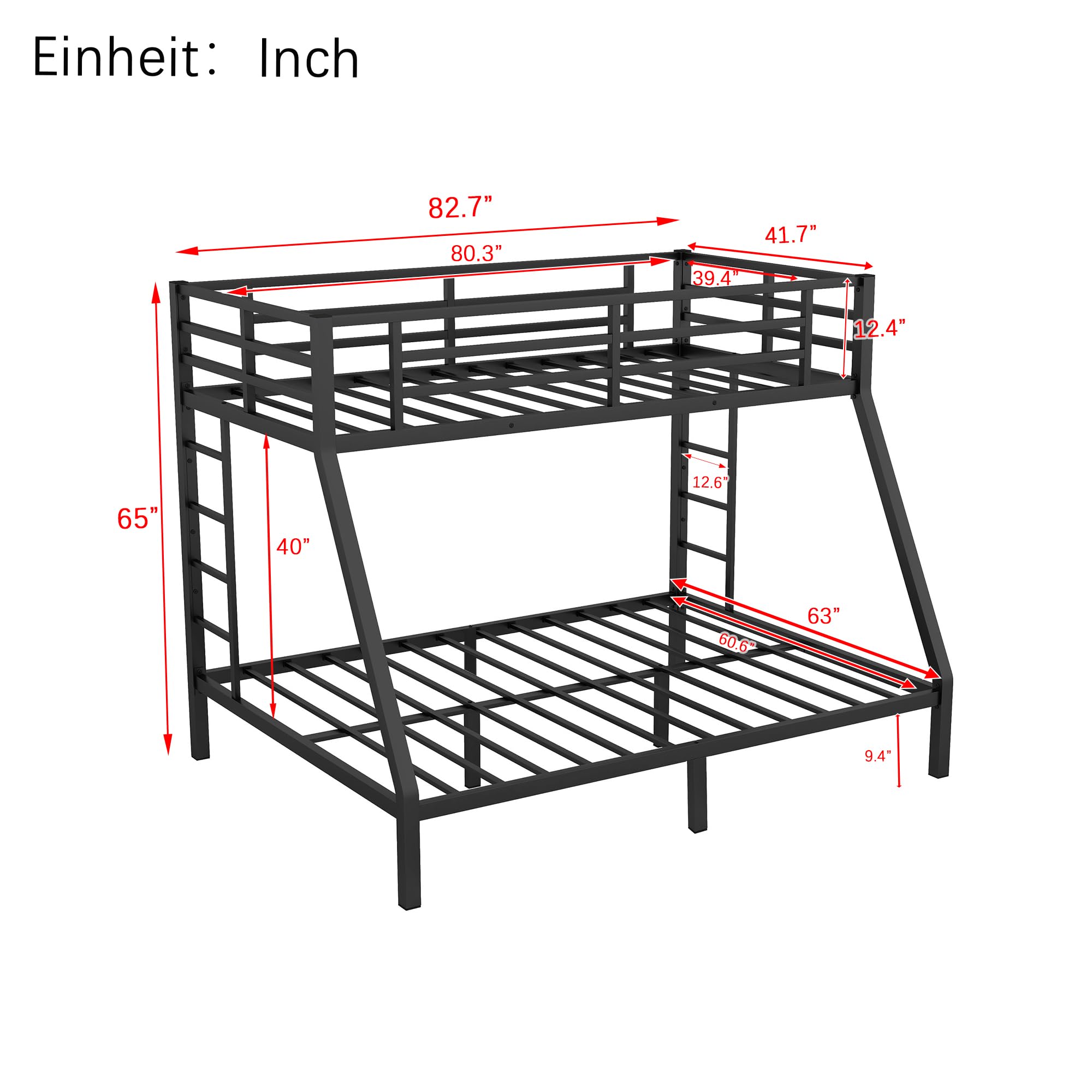 Twin XL Over Queen Metal Bunk Beds for Adults,Heavy Duty Adult Bunk Beds,Bunk Bed Twin Over Queen with 2 Ladders,Queen Bunk Bed, Noise-Free,Black