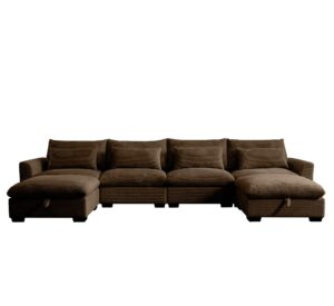 godoco wide body modular corduroy sectional sofa set, u-shape and l-shape deep seating couch with storage ottomans and waist pillows (brown, 4-seater + 2 * ottoman)