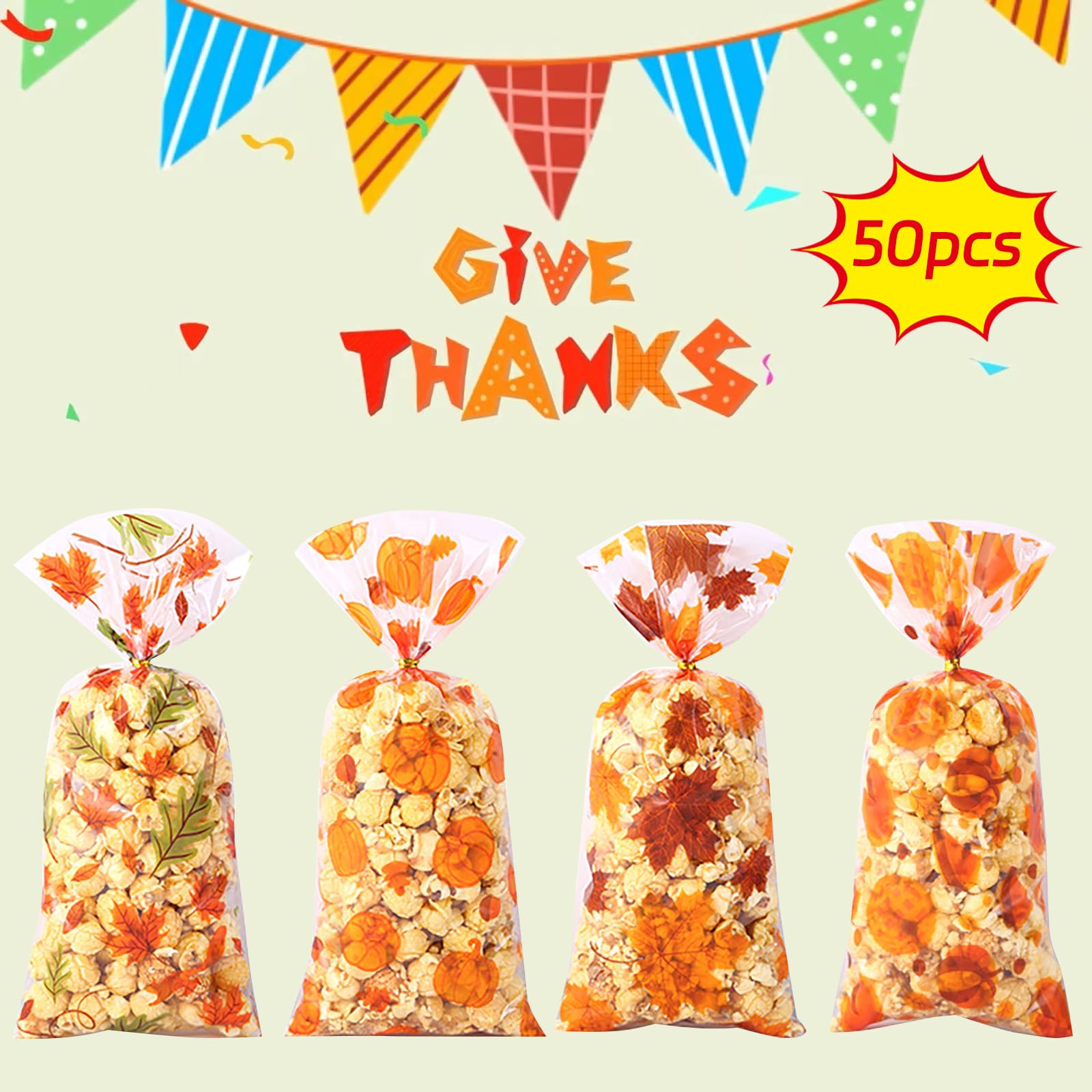 Kistreao Thanksgiving Cellophane Treat Bags Clear Fall Pumpkin Maple Leaf Candy Bags Plastic Goodie Cookie Gift Bags with Twist Ties for Autumn Harvest Thanksgiving Party Supplies 50Pcs (B)