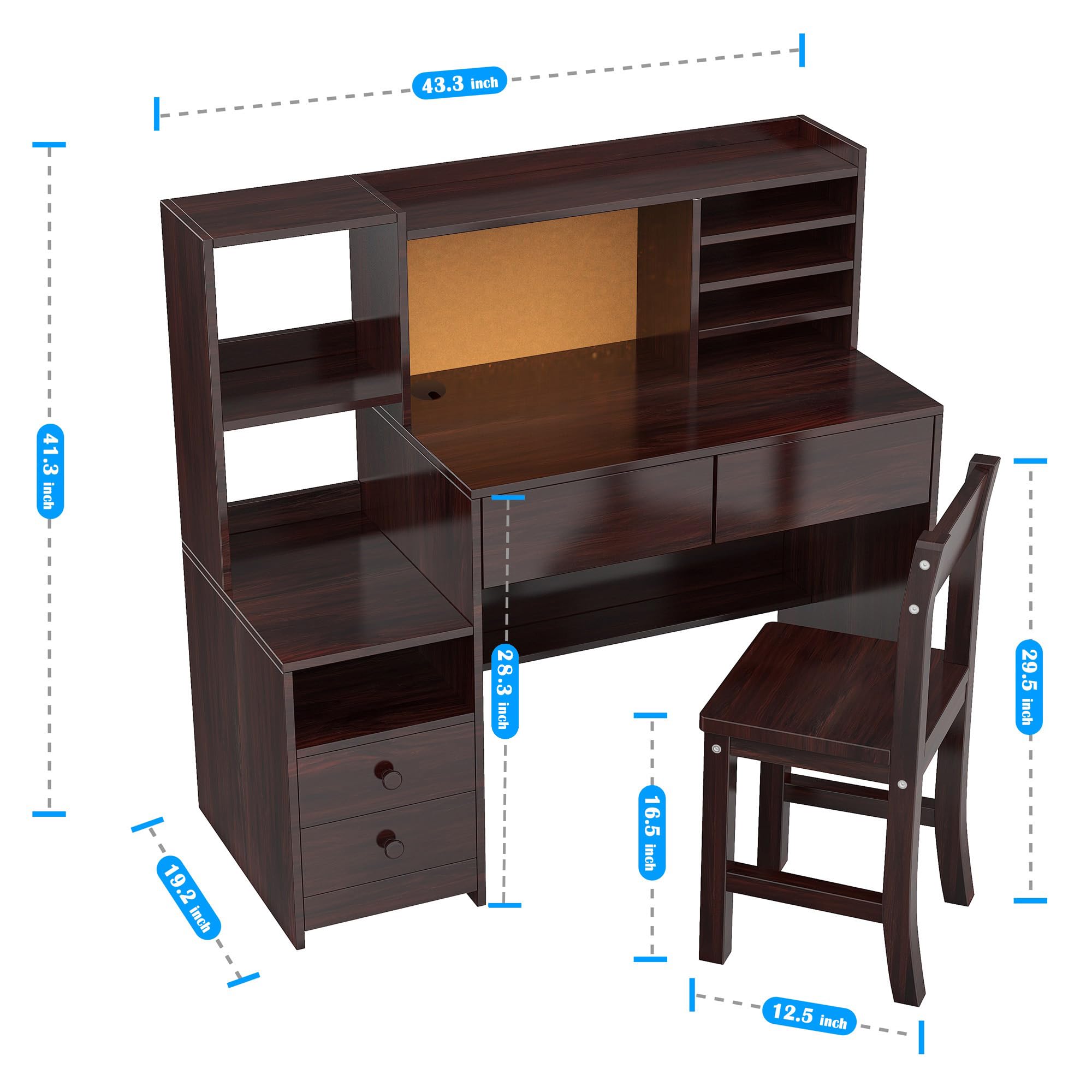 RUPOLXChildrens Computer Desk with 4 Drawers, Kids Study Table with Storage Shelf,Espresso Kids Desk and Chair Set for 5-12 Year Old-x68w0ojv