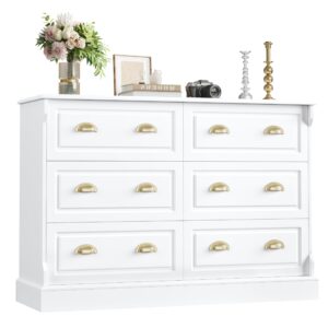 facbotall 6 drawer dresser,white dresser for bedroom,dressers with drawers, dressers chest of drawer with gold handle for living room,closet,corridor,bedchamber