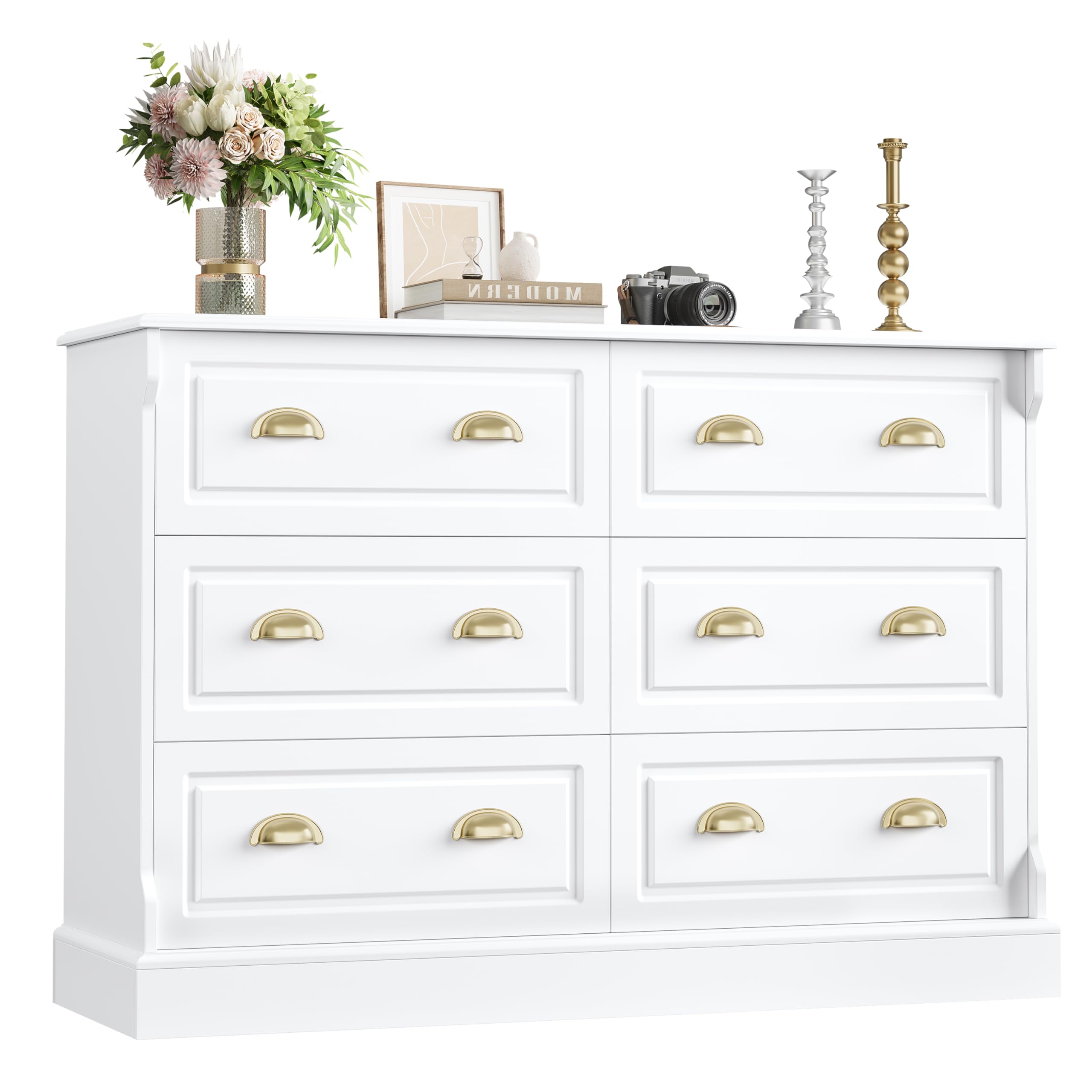 FACBOTALL 6 Drawer Dresser,White Dresser for Bedroom,Dressers with Drawers, Dressers Chest of Drawer with Gold Handle for Living Room,Closet,Corridor,Bedchamber