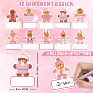 Whaline 120Pcs Christmas Gingerbread Name Tag Stickers Pink Xmas Cartoon Gingerbread Man Self-Adhesive Gift Label Decals for Winter Holiday Birthday Present, 10 Designs