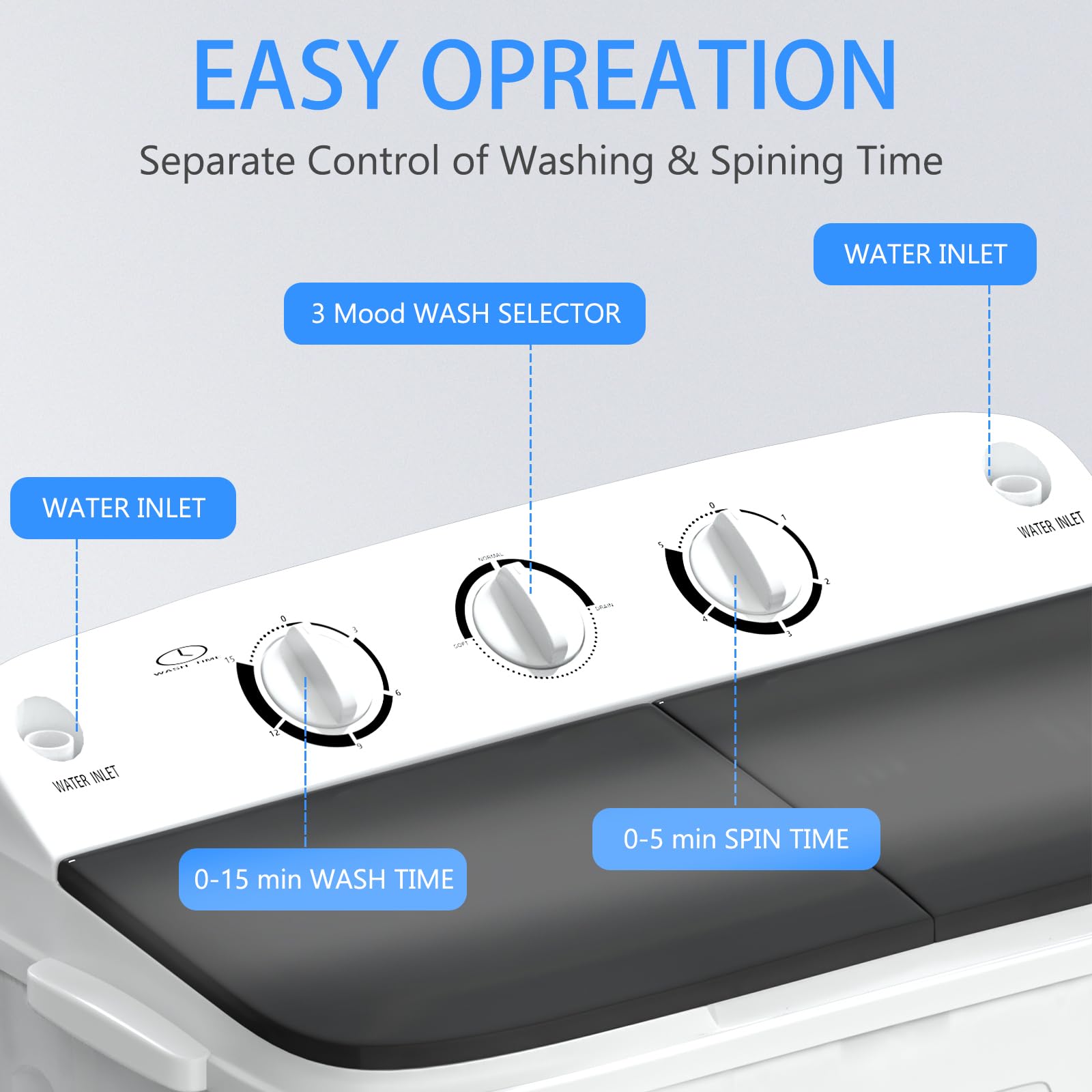 DOGHLY Compact Semi-Automatic Twin Tub Washer, 18lbs Capacity with 11lbs Washer and 7lbs Spinner, Ideal for Camping, Apartments, Dorms, College, RVs, and Small Spaces