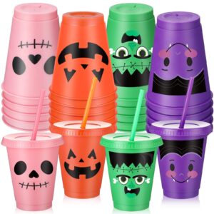 suttmin 24 pcs halloween party cups 16 oz halloween disposable plastic tumbler with lid and straw in 4 colors for coffee tea cold drinks party favors supplies (orange, green, purple, pink)