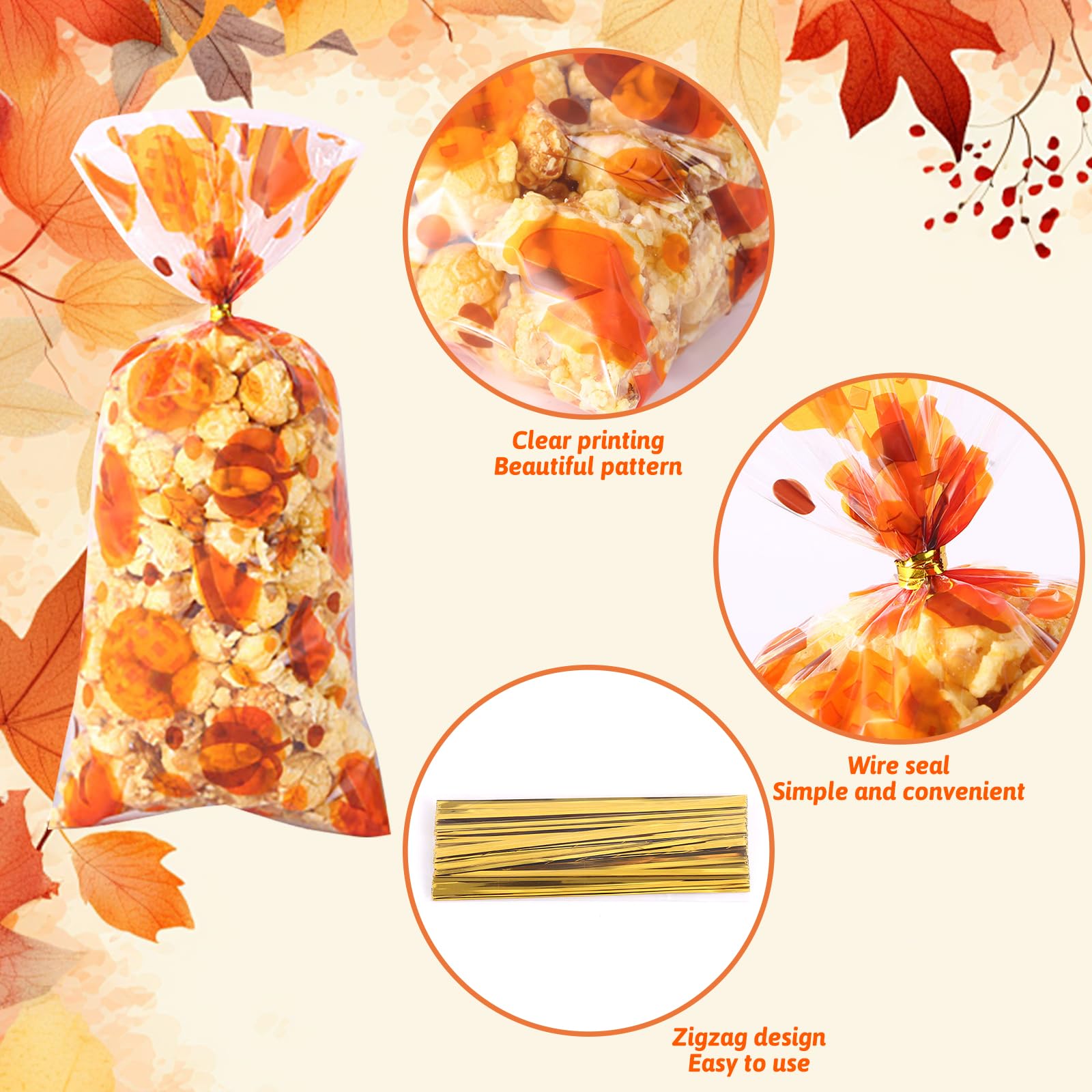 Kistreao Thanksgiving Cellophane Treat Bags Clear Fall Pumpkin Maple Leaf Candy Bags Plastic Goodie Cookie Gift Bags with Twist Ties for Autumn Harvest Thanksgiving Party Supplies 50Pcs (B)