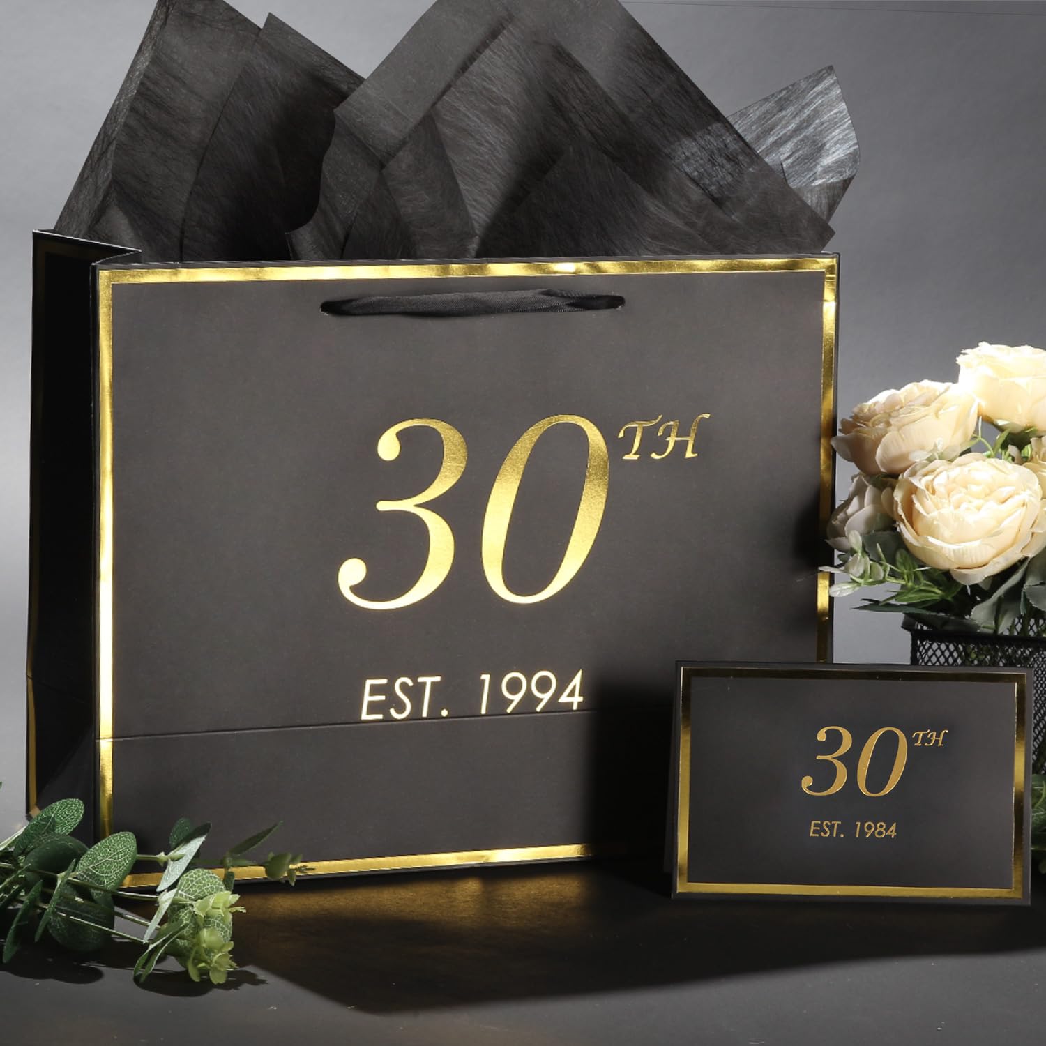 momoake 30th Birthday Gift Bag with Card and Tissue Paper for Men Women, 1994 30 Year Old 13" Elegant Black Gold Anniversary Keepsake Party Present Shopping Paper Bags for Gifts Wrapping (1994 30th)