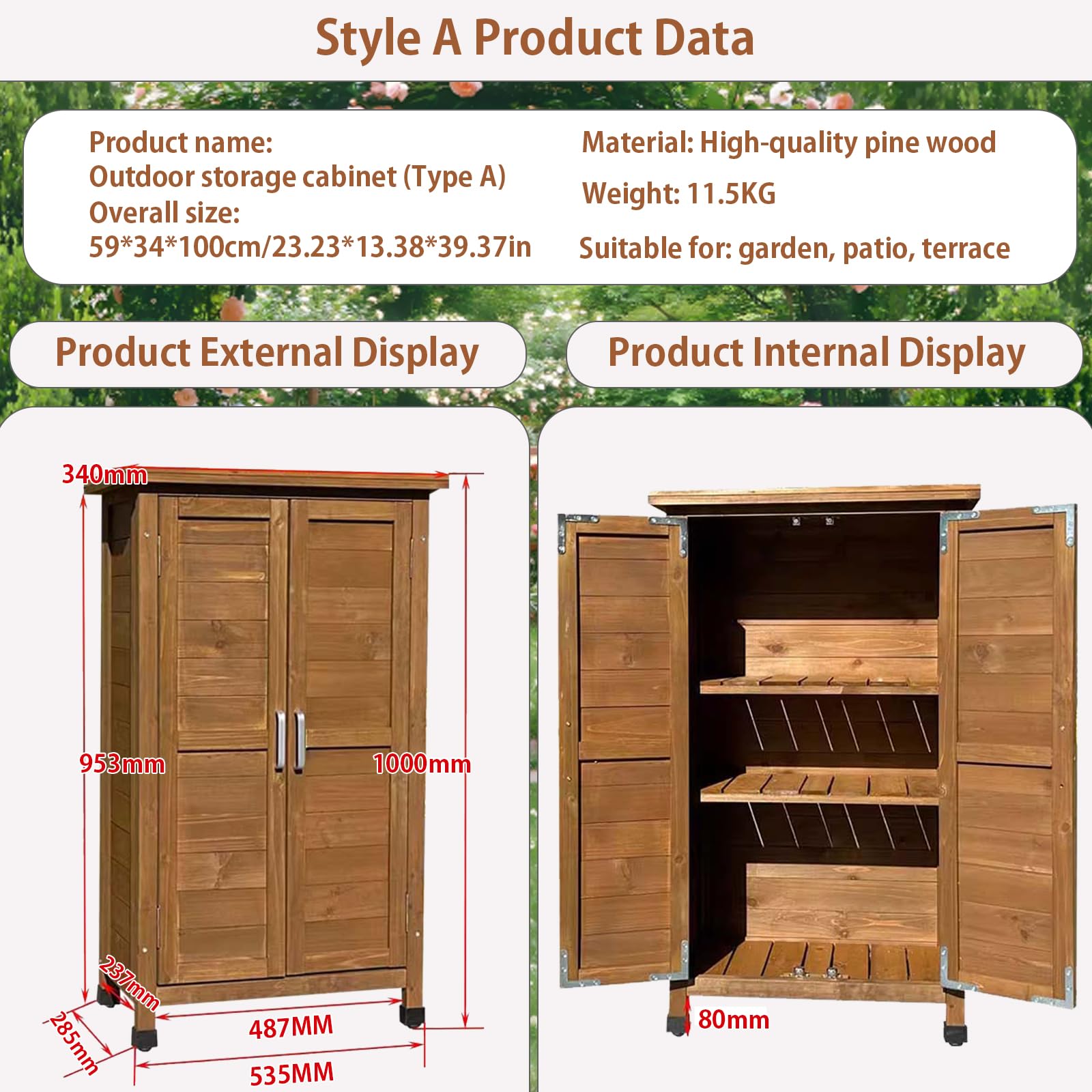 Outdoor Storage Cabinet, Wood Storage Cabinet, Garden Patio Storage Cabinet, Outside Garden Tool Cabinet Shed with Removable Shelf, Tool Shed with Double Doors, for Backyard, Garden, Patio