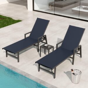 WOAJUQO Aluminum Chaise Lounge Chair Outdoor Set of 2-Patio Lounge Chair with Wheels and 5-Position Adjustable Backrest and Outdoor Recliner Full Flat Tanning Chair for Beach,Patio,Lawn,Pool,Navy Blue