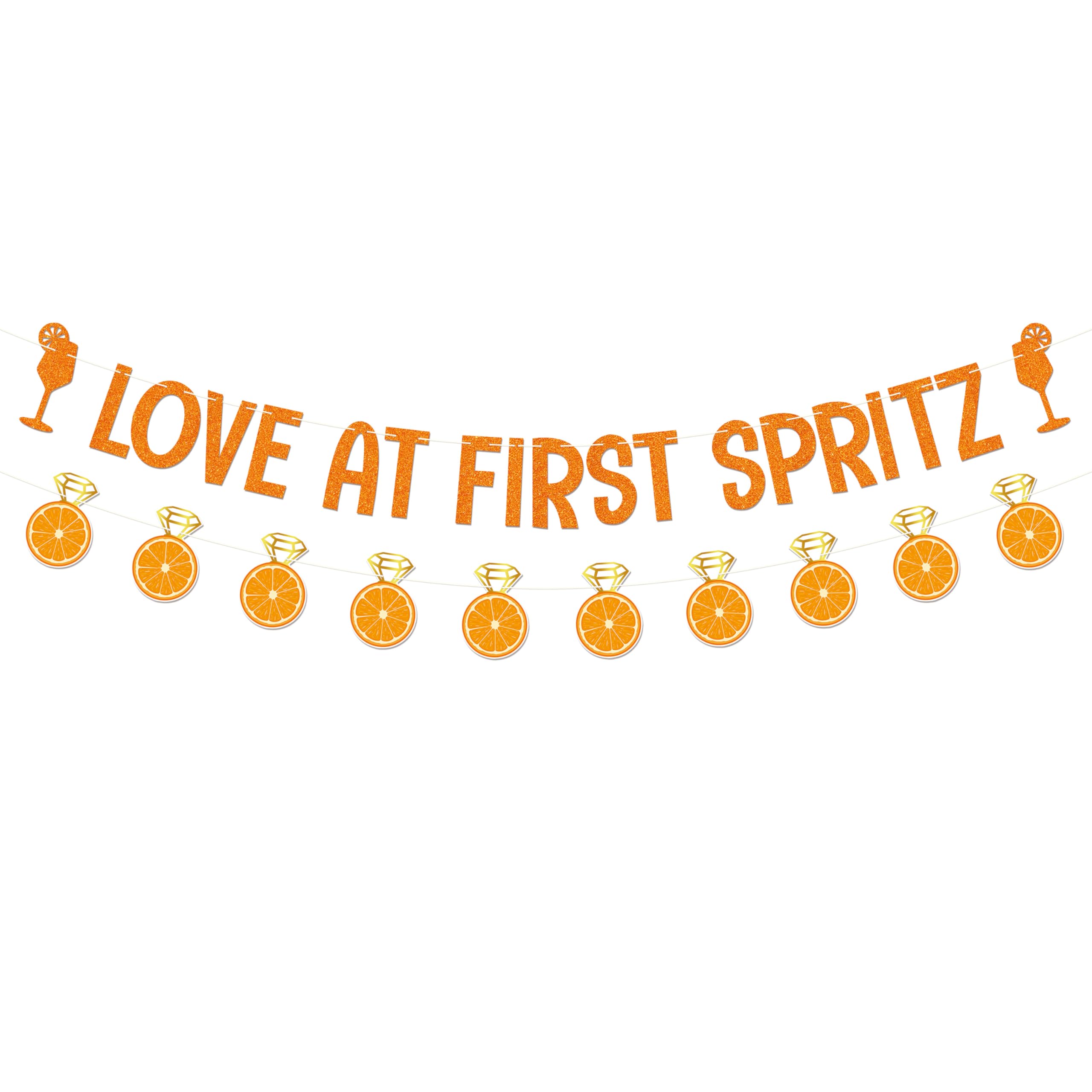 Bachelorette Party Banner Love at First Spritz Glitter Banner and Ring Garland Banner for Bridal Shower Decoration and Bride to Be Orange Mimosa Party Decoration