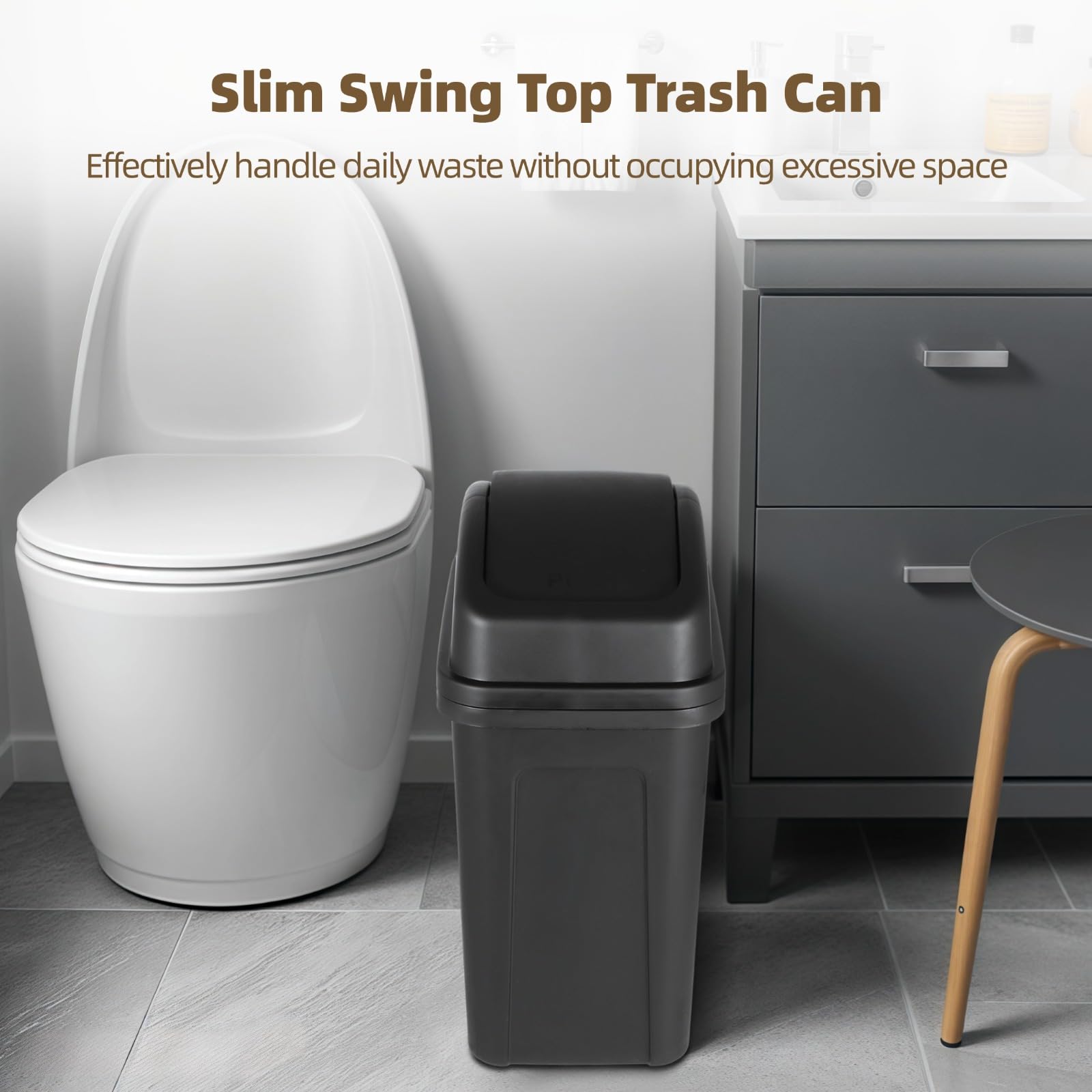 Homaisson 3 Pcs Trash Can with Swing Lid, 4.5 Gallon Plastic Garbage Can, Swing Top Trash Can, Slim Trash Can for Kitchen, Garage, Workspace, Black