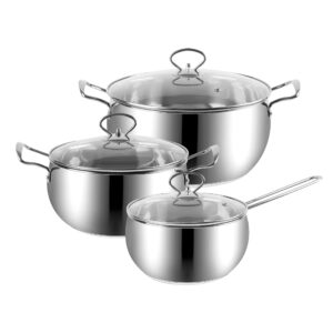 yssoa sleek stainless steel 6-piece cookware set: mirror polished interior and exterior, 0.5mm thickness, g-type glass lids, induction ready with aluminum and ss430# bottom plate