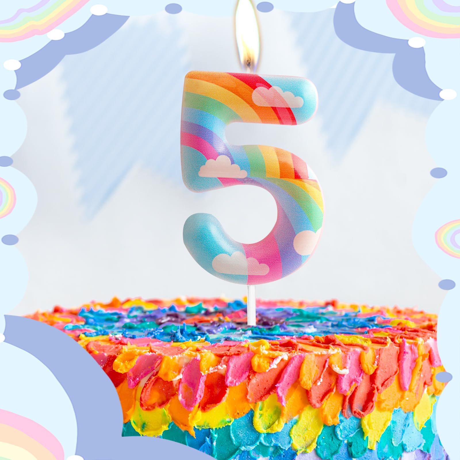 5th Birthday Candles Number 5 Pink Rainbow Birthday Party Cloud Rainbow Theme Adorable Design for Baby Girl Boy Birthday Cake Topper, Graduation Celebration Anniversary Wedding Decorations