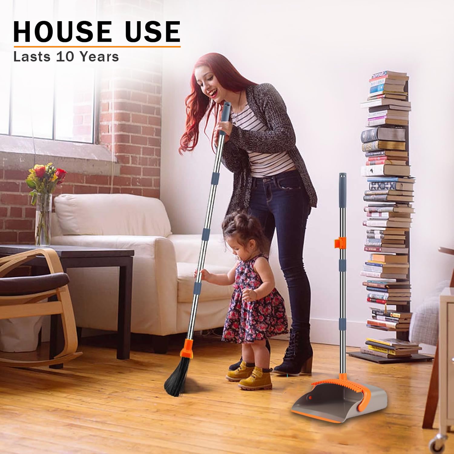 Upgraded Broom and Dustpan Set, Upright Broom and Dustpan Combo with 51" Long Handle, Dustpan Teeth with self-Cleaning Function, Indoor and Outdoor Sweeping, Perfect for Home Office (Gray & Orange)