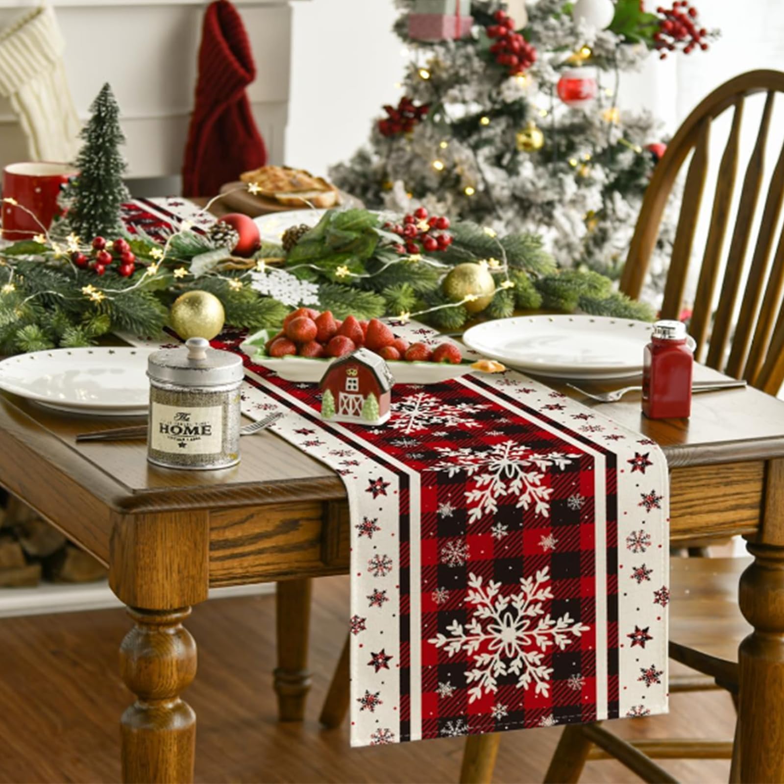 Niviy Snowflakes Christmas Table Runner with Buffalo Plaid, Winter Xmas Holiday Kitchen Dining Table Decoration for Indoor Outdoor Home Party Decor 13 x 72