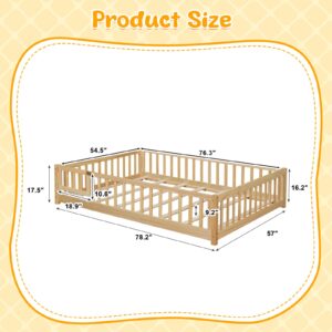 ROCKINGRUN Full Size Montessori Floor Bed Frame with Safety Fence & Convertible Door, Toddler Floor Bed with Sturdy Solid Wood Support Slats and Full-Length Guardrails for Kids Girls Boys (Natural)