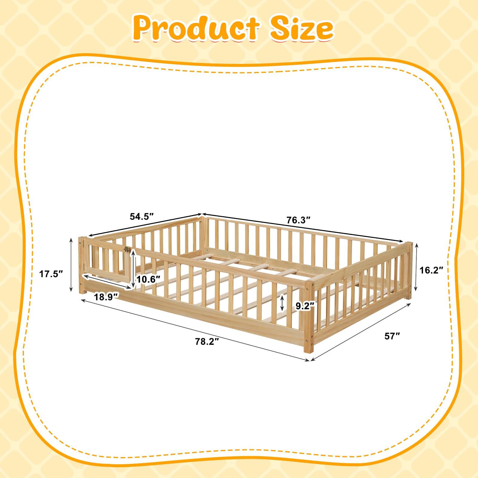 ROCKINGRUN Full Size Montessori Floor Bed Frame with Safety Fence & Convertible Door, Toddler Floor Bed with Sturdy Solid Wood Support Slats and Full-Length Guardrails for Kids Girls Boys (Natural)