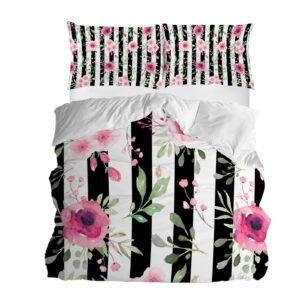 pink flowers illustration duvet cover sets black and white stripe bedding sets 3 pcs comforter covet set including 1 quilt cover 2 pillow cases, california king comforter cover set with zipper closure