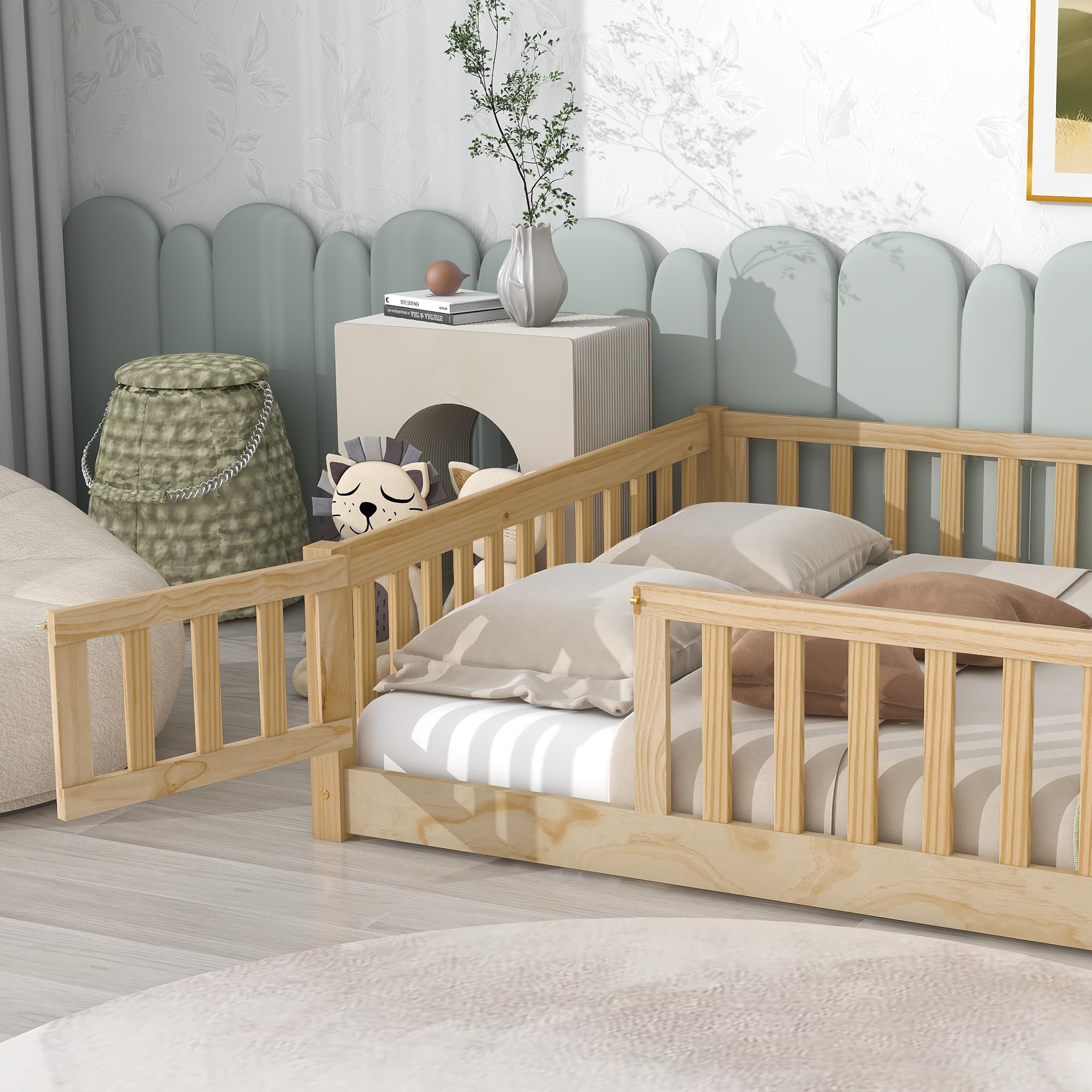 ROCKINGRUN Full Size Montessori Floor Bed Frame with Safety Fence & Convertible Door, Toddler Floor Bed with Sturdy Solid Wood Support Slats and Full-Length Guardrails for Kids Girls Boys (Natural)