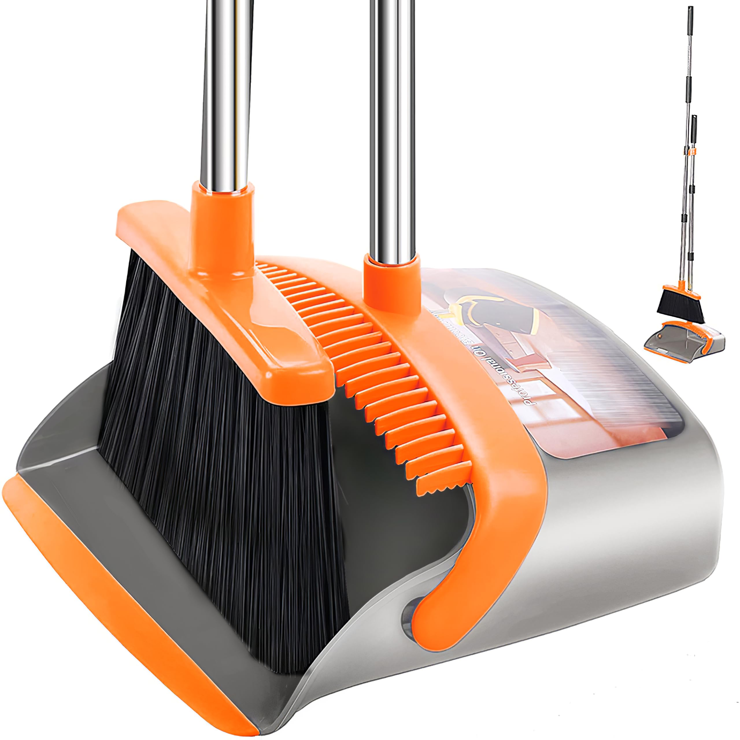 Upgraded Broom and Dustpan Set, Upright Broom and Dustpan Combo with 51" Long Handle, Dustpan Teeth with self-Cleaning Function, Indoor and Outdoor Sweeping, Perfect for Home Office (Gray & Orange)