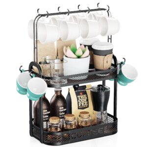 begulf 2 tier coffee cup holder for countertop, mug holder with 12 hooks, vintage coffee mug rack with shelf, coffee mug organizer for coffee bar accessories, suitable for home, office (large)