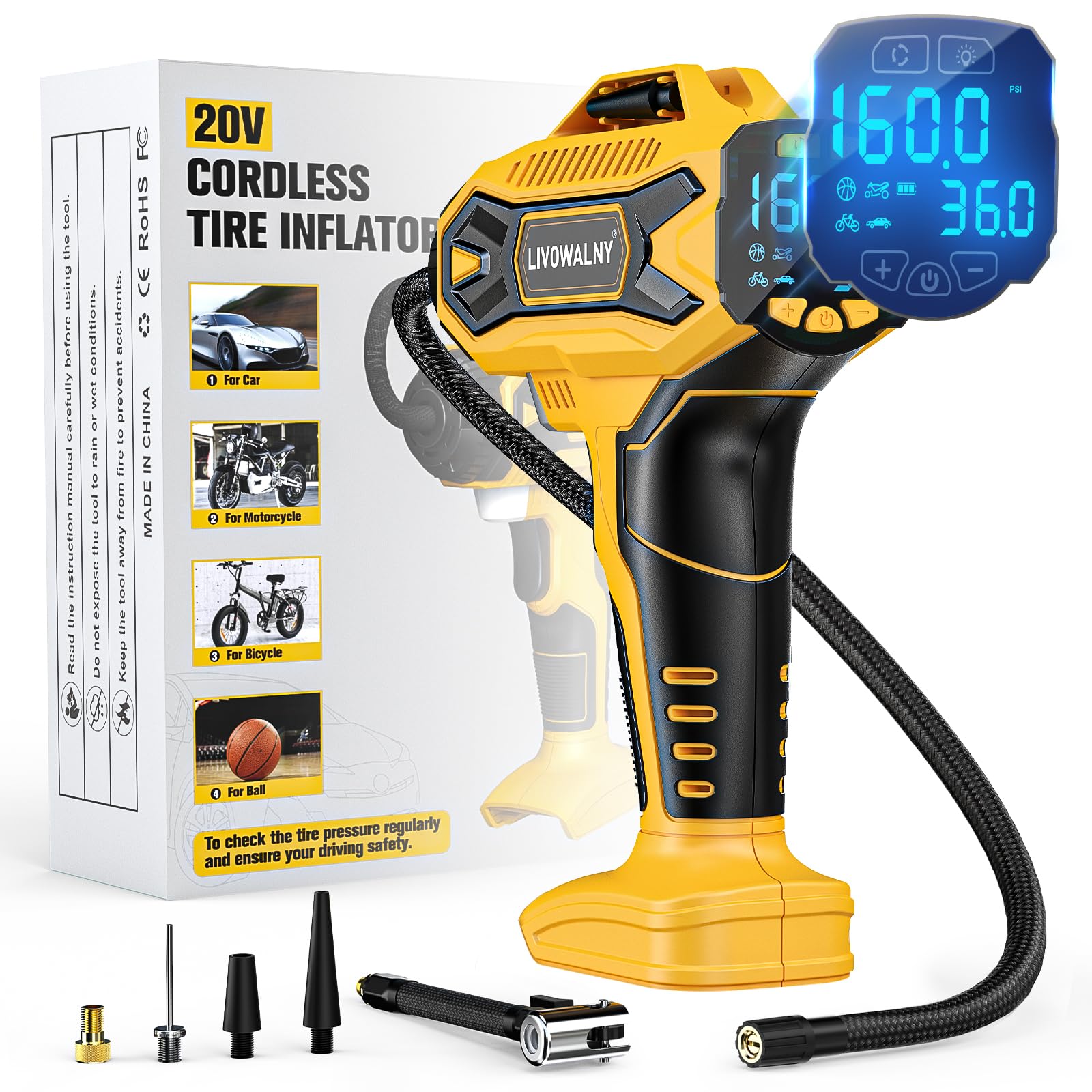 Tire Inflator Air Compressor Compatible with Dewalt 20V Max Battery, 160 PSI Cordless Portable Electric Air Pump 2024 Bigger LCD Digital Pressure Gauge for Car, Bike, Sport Ball (Battery Not Included)