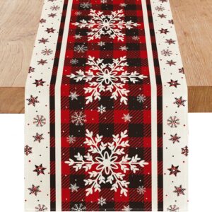 niviy snowflakes christmas table runner with buffalo plaid, winter xmas holiday kitchen dining table decoration for indoor outdoor home party decor 13 x 72