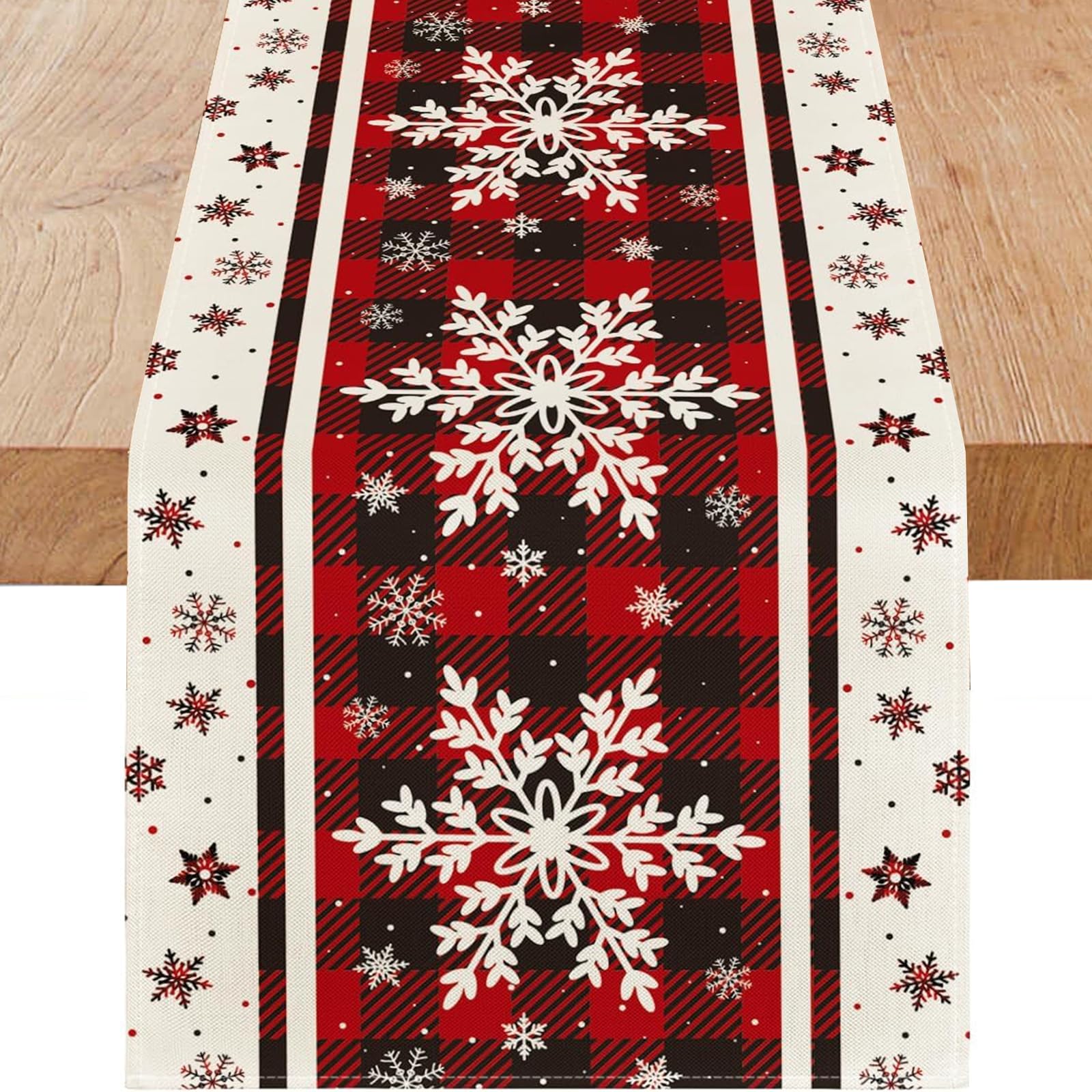 Niviy Snowflakes Christmas Table Runner with Buffalo Plaid, Winter Xmas Holiday Kitchen Dining Table Decoration for Indoor Outdoor Home Party Decor 13 x 72