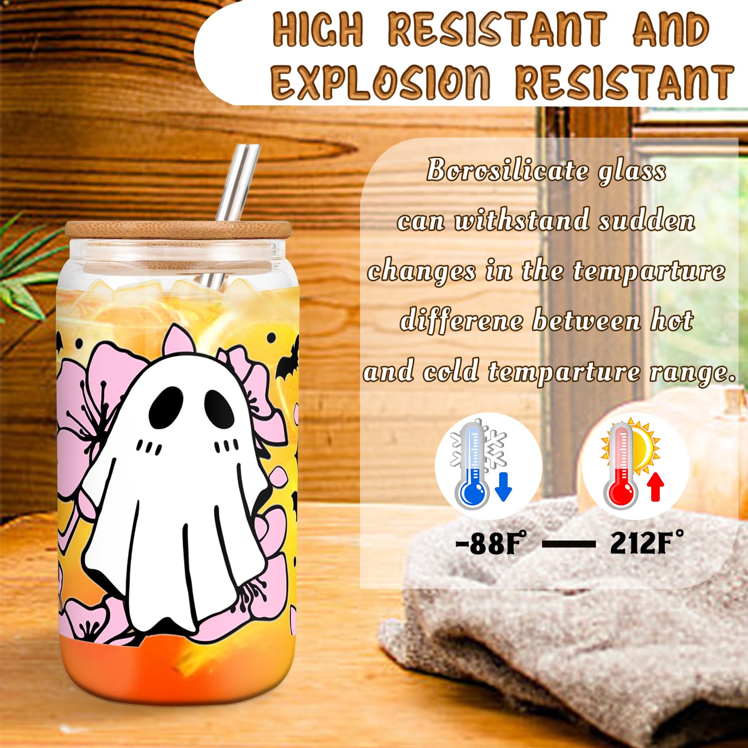 GeoJedrmin Halloween Ghost Cups - 16 oz Glass Cups with Lids and Straws, Halloween Ghost Tumblers Coffee Mugs, Halloween basket, Boo basket stuffers for her, Halloween basket for Women Teen