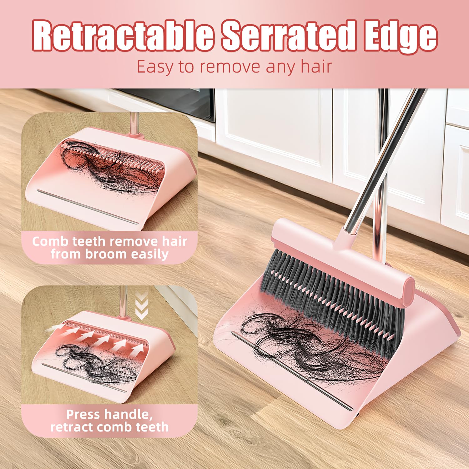 Broom and Dustpan Set with Dustpan Teeth SelfCleaning, Upright Stand Duspan and Brush with 53'' Long Adjustable Handle for Indoor&Outdoor Sweeping Home Office Floor Cleaning Broom with Dust pan-Pink