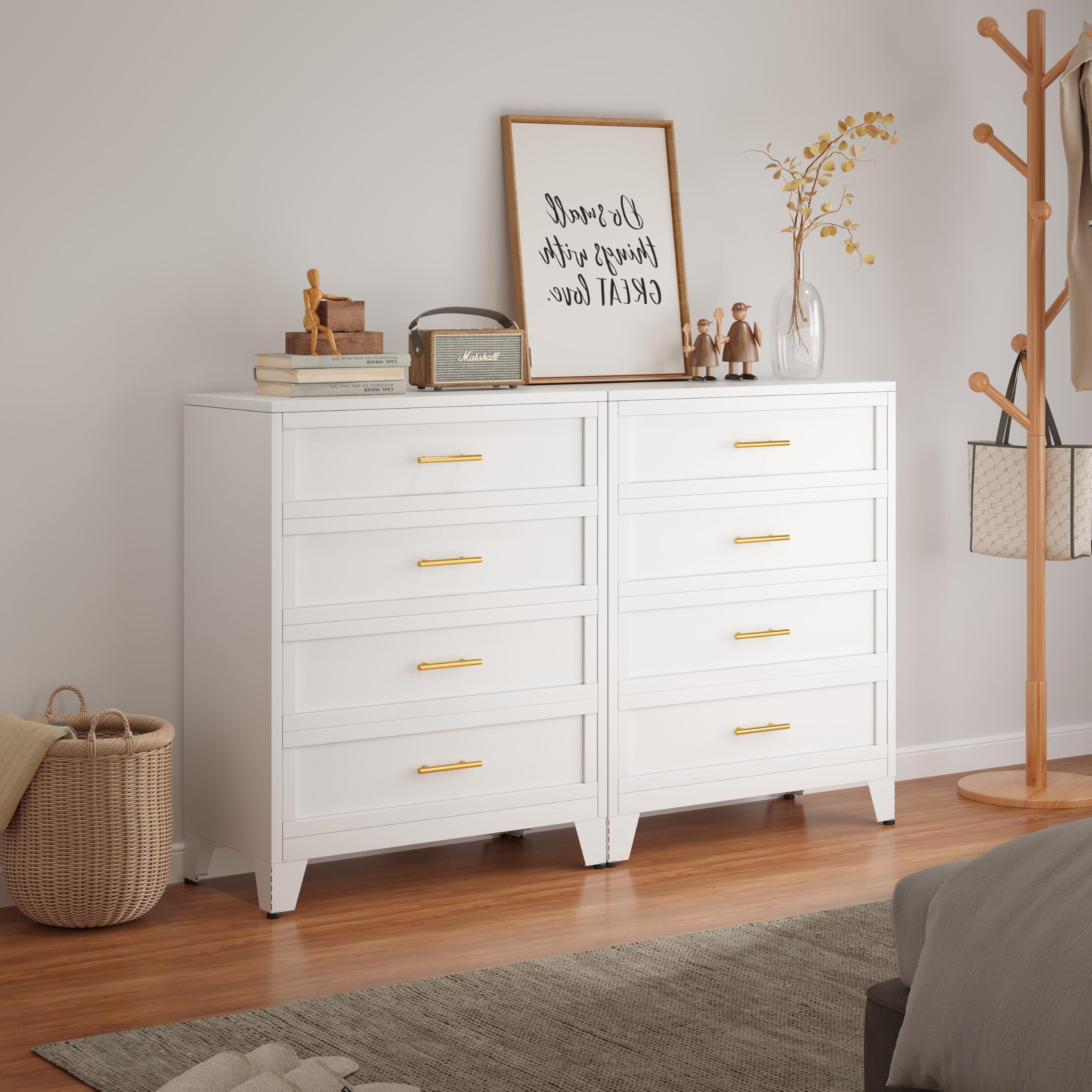 winiowa White 4 Drawers Dresser for Bedroom, Metal Dresser & Chest of Drawers, 43.1" H Tall Storage Cabinet Drawers Organizer with Large Storage Space, Steel Chest of Drawers for Living Room, Hallway