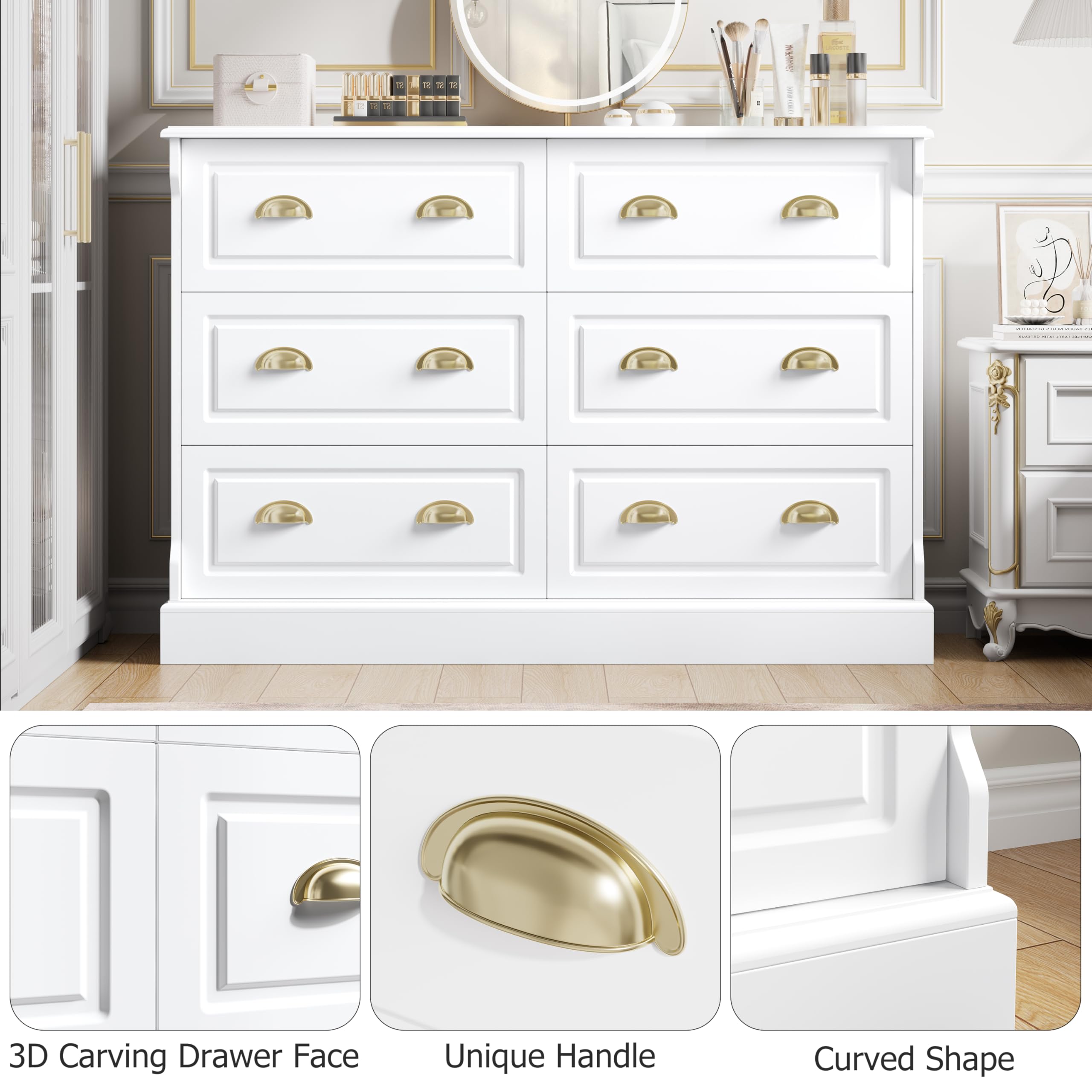 FACBOTALL 6 Drawer Dresser,White Dresser for Bedroom,Dressers with Drawers, Dressers Chest of Drawer with Gold Handle for Living Room,Closet,Corridor,Bedchamber