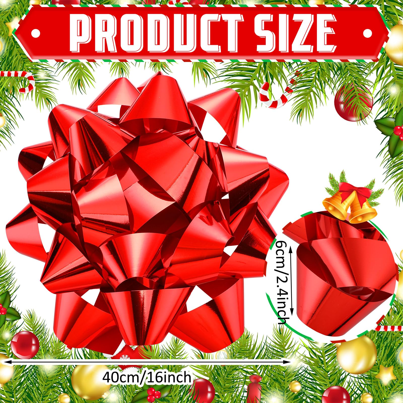 FineCheer 16 inch Big Car Bow Giant Christmas Bow Large Gift Bow Pre-Assembled Giant Red Wrapping Bow Huge Car Bow Christmas Metallic Decorative Bow for Present Tree Houses Bike Holiday Decoration