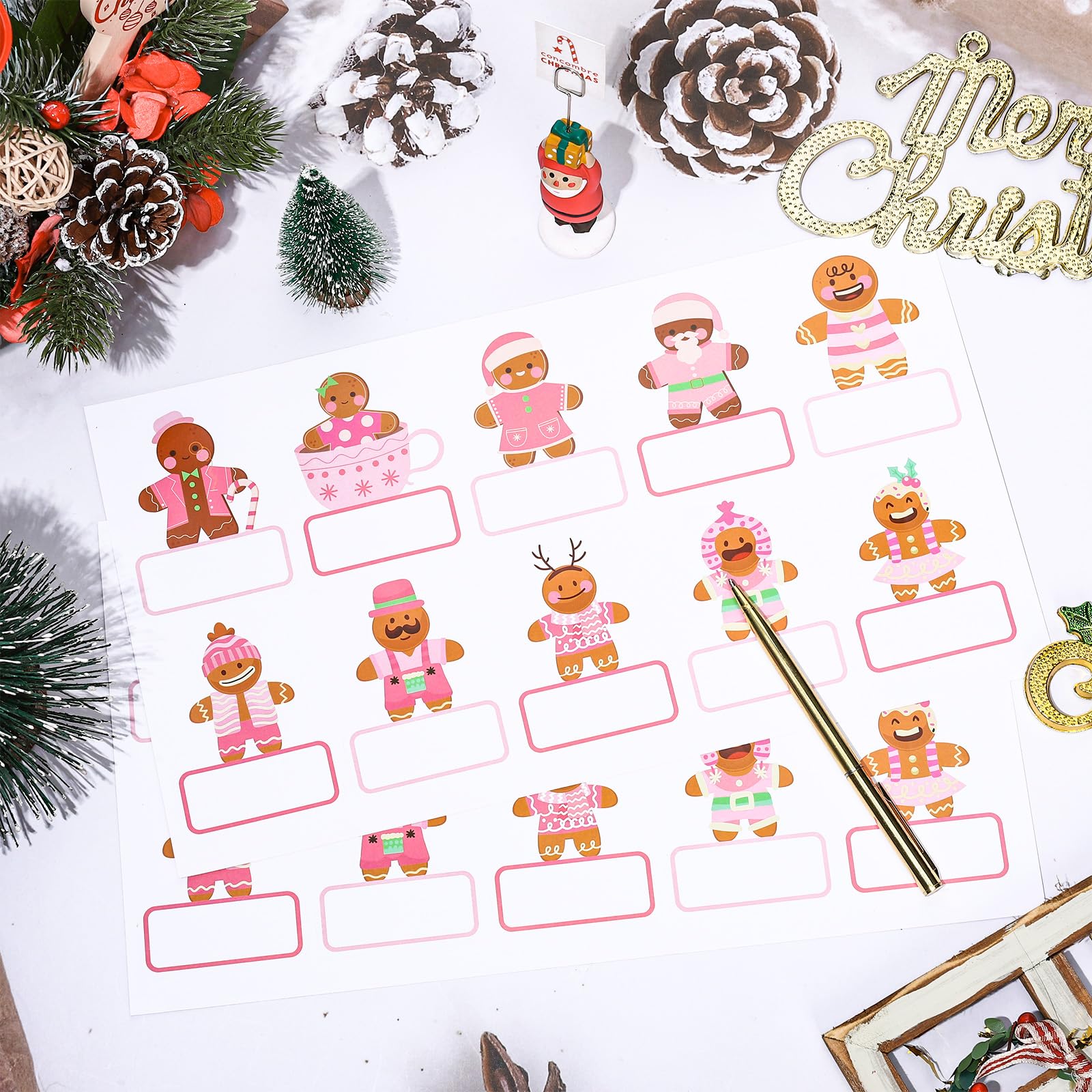 Whaline 120Pcs Christmas Gingerbread Name Tag Stickers Pink Xmas Cartoon Gingerbread Man Self-Adhesive Gift Label Decals for Winter Holiday Birthday Present, 10 Designs