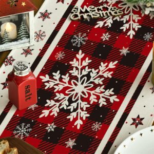 Niviy Snowflakes Christmas Table Runner with Buffalo Plaid, Winter Xmas Holiday Kitchen Dining Table Decoration for Indoor Outdoor Home Party Decor 13 x 72