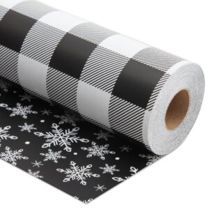 fiehala reversible christmas wrapping paper jumbo roll - black buffalo plaid & snowflakes patterns - 30 inches x 100 feet