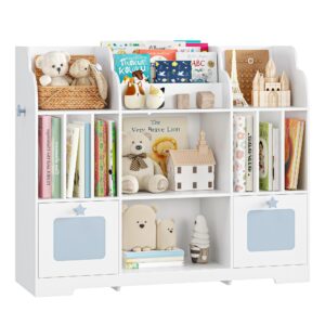 FOTOSOK Toy Storage Organizer, 46'' Toy Shelf, Bookshelf with White and Blue Bookcase & 2 Storage Cubbies Toy Box, Toy Storage Cabinet for Playroom, Bedroom, Classroom, Library