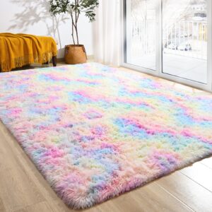 softlife area rug for bedroom, 4x6 feet plush fluffy rug for living room, tie-dyed rainbow shag rug for aesthetic room decor, ultra soft modern fuzzy faux fur carpet for kids nursery room dorm