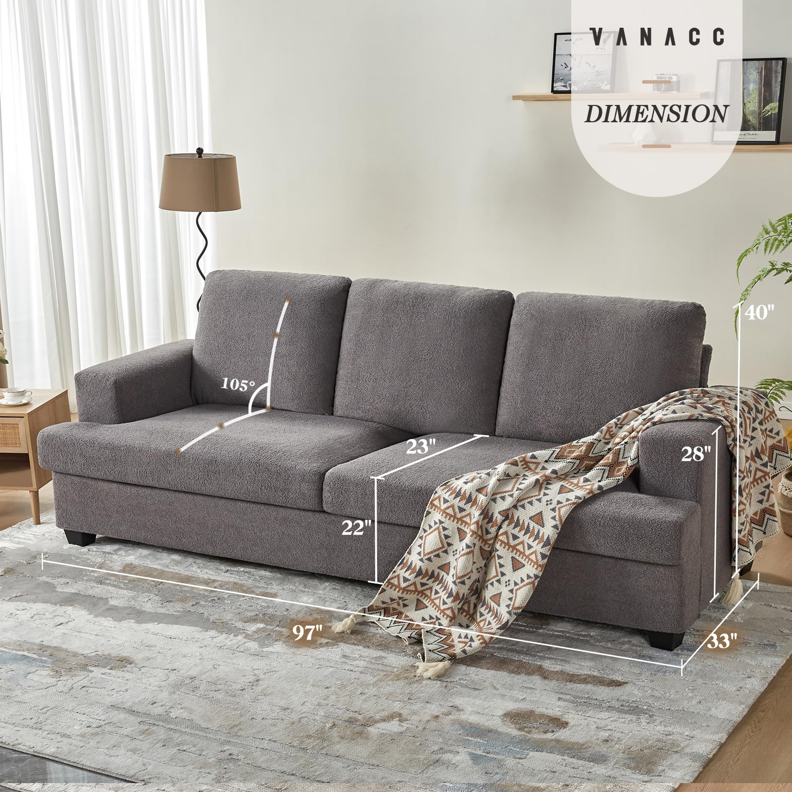 VanAcc 97 Inch Oversized Couch, 3 Seater Modern Sofa Couch, Deep Seat Sofa Couch with Square Armrest, Modern Couch for Living Room, Grey Bouclé