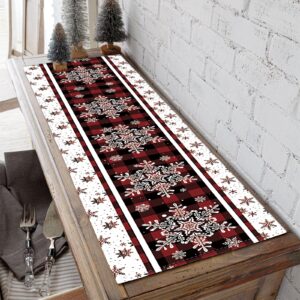 Niviy Snowflakes Christmas Table Runner with Buffalo Plaid, Winter Xmas Holiday Kitchen Dining Table Decoration for Indoor Outdoor Home Party Decor 13 x 72