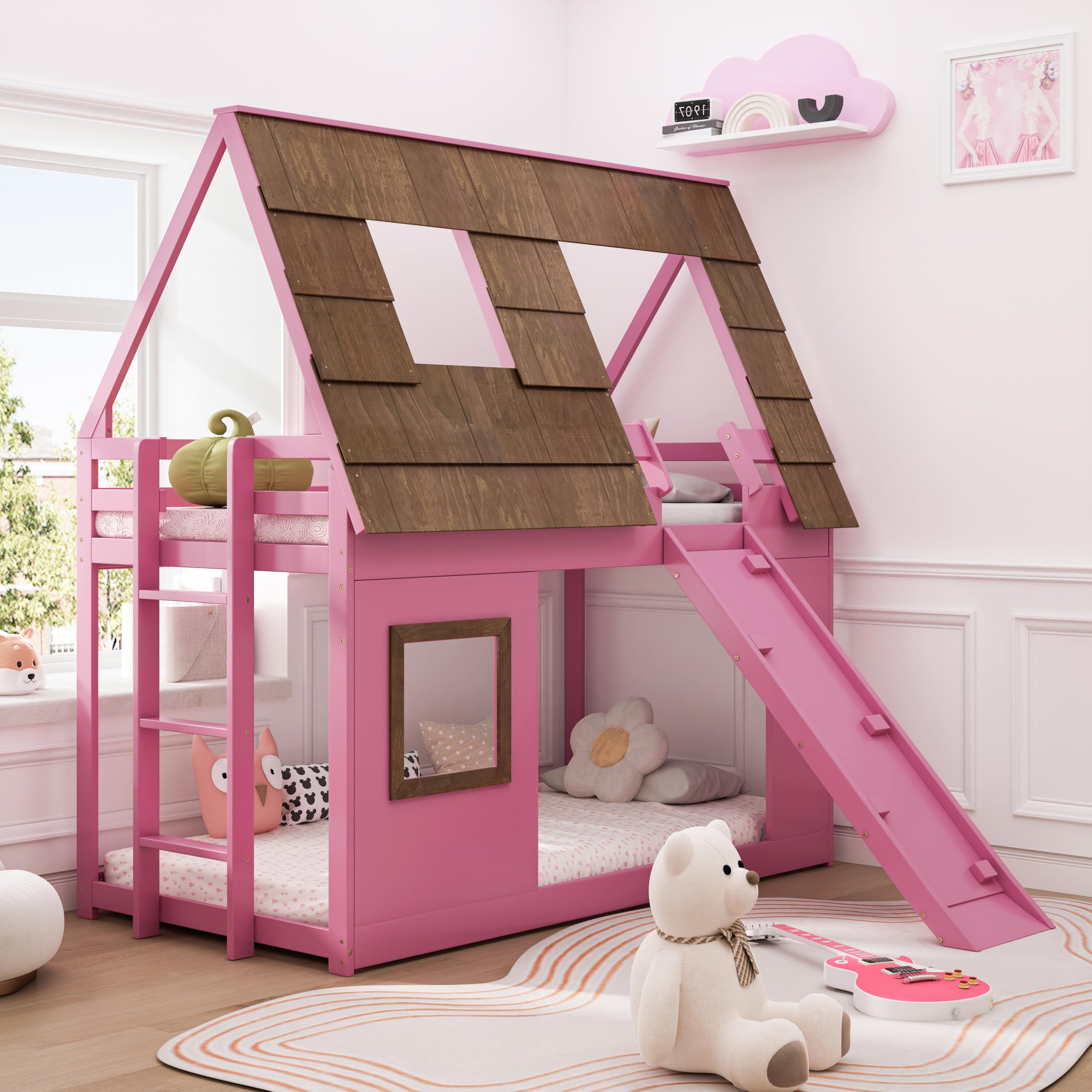 SOFTSEA Pink House Bunk Bed with Roof Low Bunk Bed with Slide for Girls, Twin Over Twin