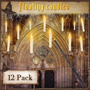 eseven halloween decorations,12 pcs magical floating candles with wands remote, flickering warm light flameless floating led candle for christmas birthday theme party