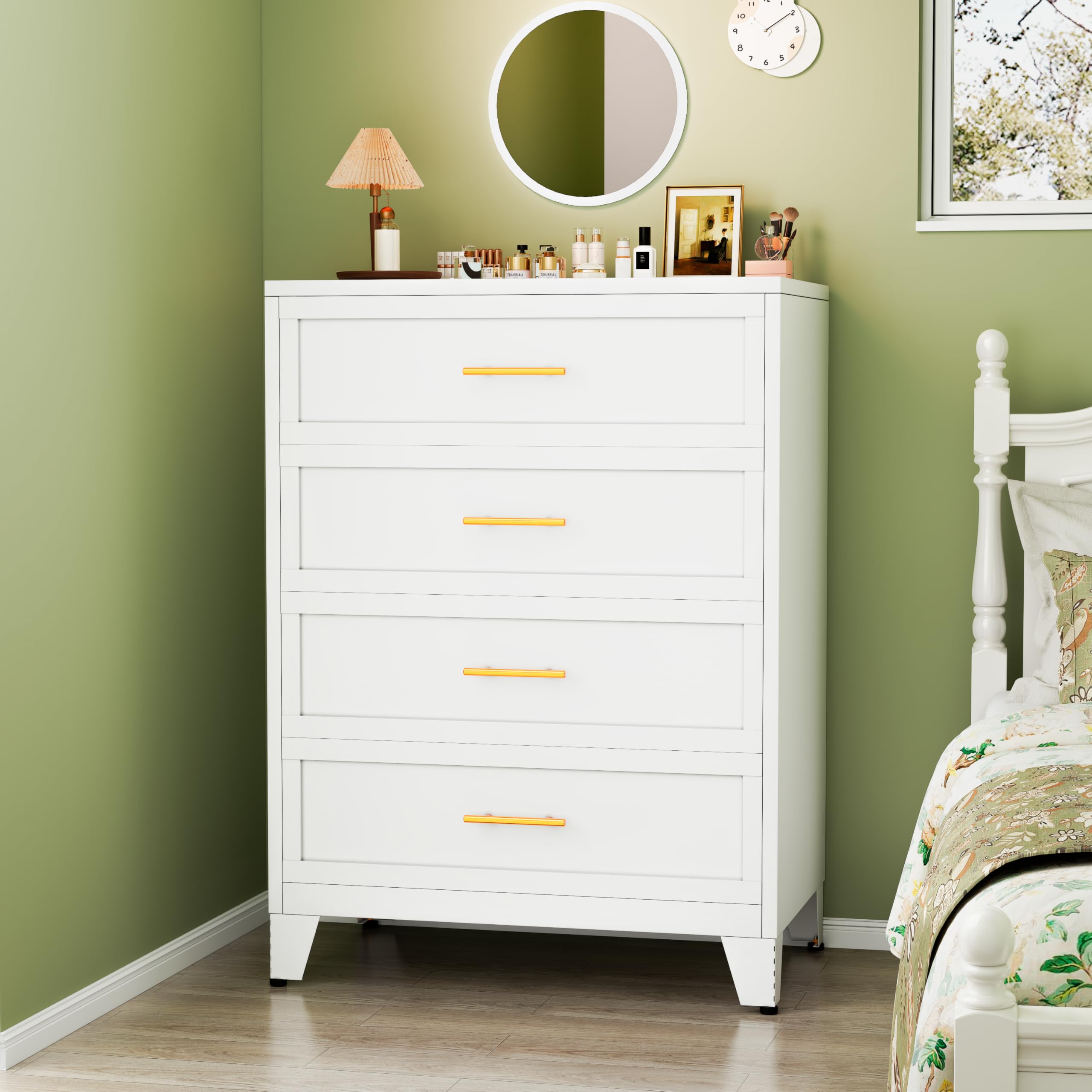 winiowa White 4 Drawers Dresser for Bedroom, Metal Dresser & Chest of Drawers, 43.1" H Tall Storage Cabinet Drawers Organizer with Large Storage Space, Steel Chest of Drawers for Living Room, Hallway