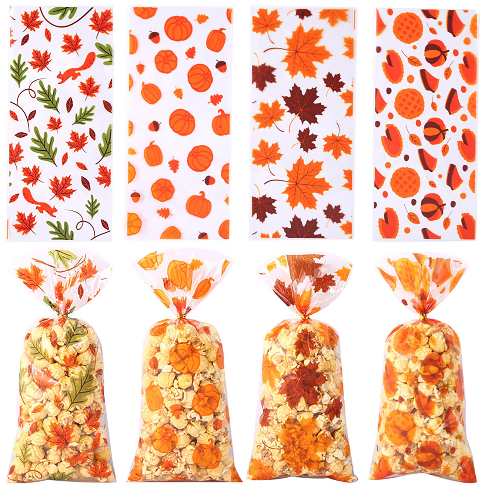 Kistreao Thanksgiving Cellophane Treat Bags Clear Fall Pumpkin Maple Leaf Candy Bags Plastic Goodie Cookie Gift Bags with Twist Ties for Autumn Harvest Thanksgiving Party Supplies 50Pcs (B)