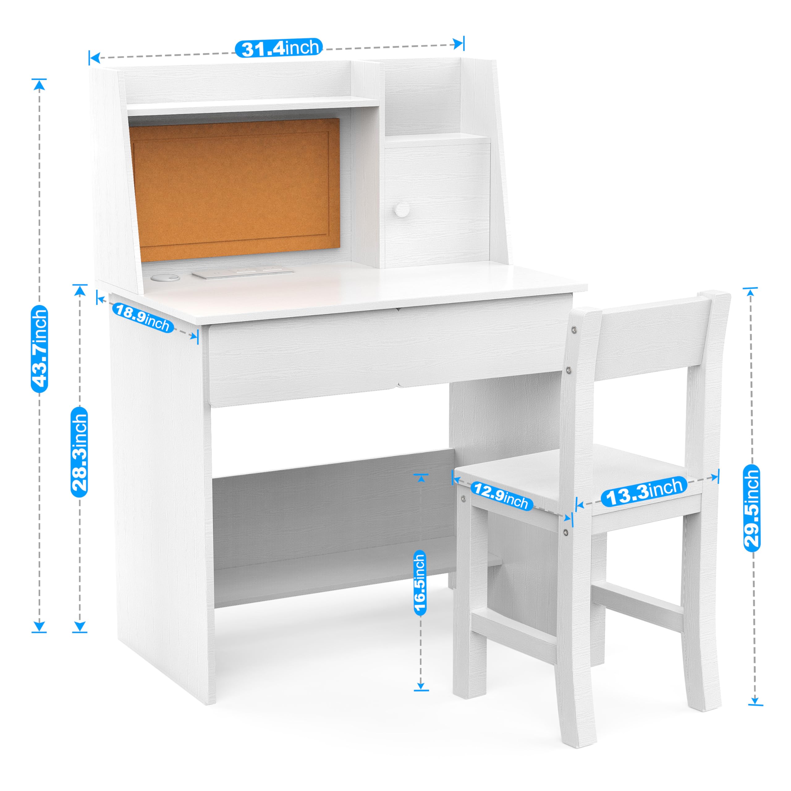 SFDOU Childrens Computer Desk with Drawers and Storage Shelf, White Kids Desk and Chair Set for 5-12 Year Old, Kids Study Table with Charging Station-7hSUl3