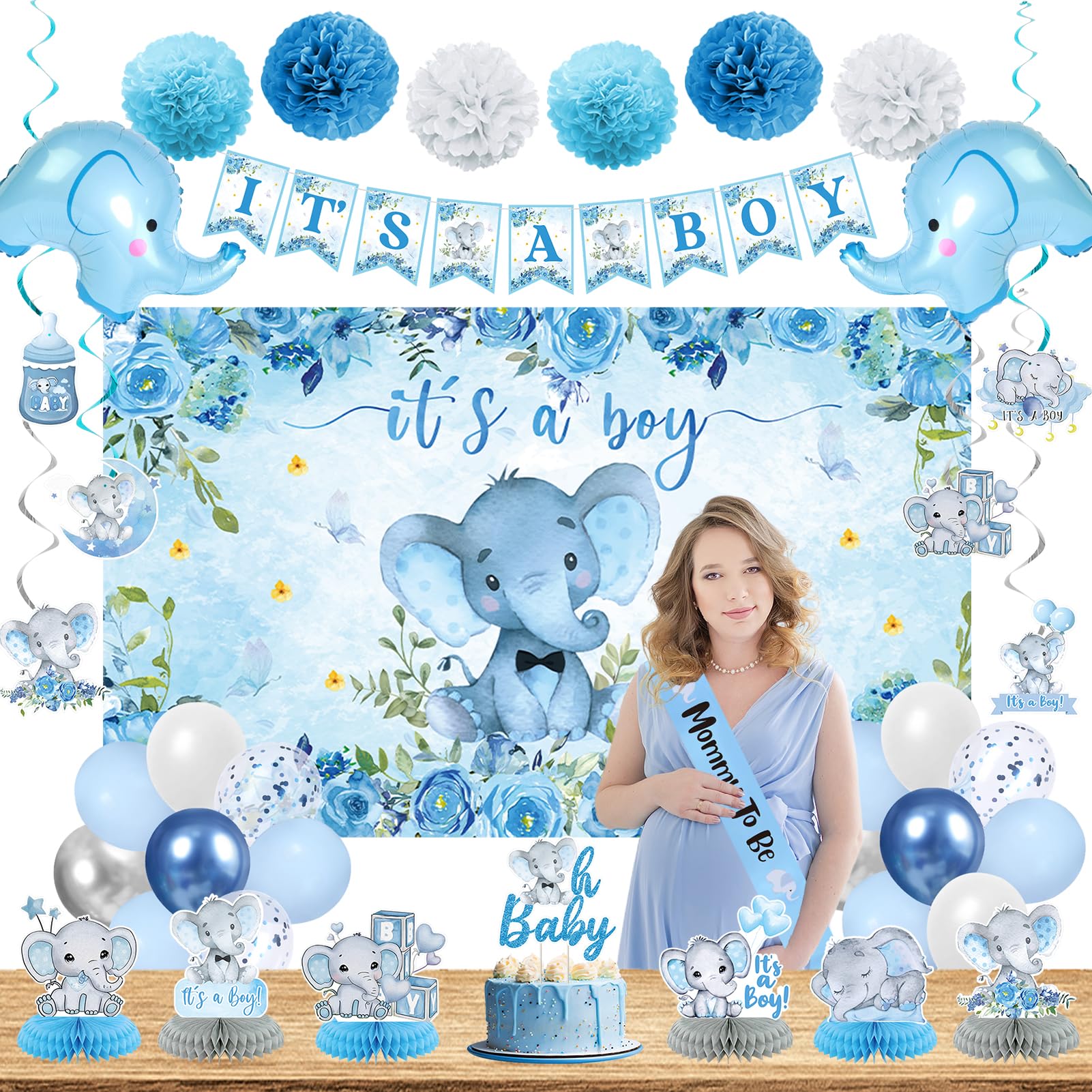 Vlipoeasn Elephant Baby Shower Decorations for Boy, Blue 42PCS Baby Shower Supplies, Mommy to Be Sash, It's a Boy Backdrop, Cake Topper, Cute Honeycomb, Hanging Swirl Flag, Baby Boy Shower Decor